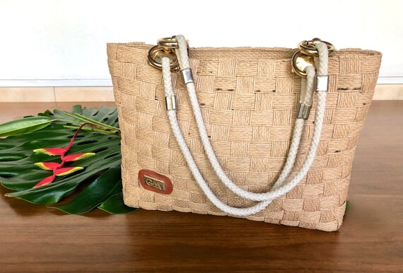 Vintage 100% Straw Woven Basket Weave Handbag/Tote wi… - Gem