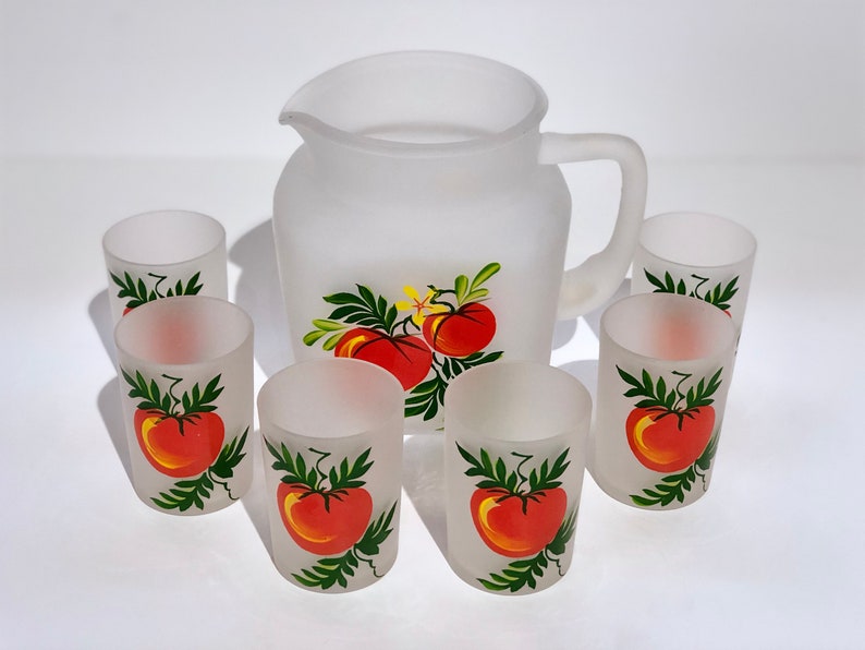 Vintage Hand Painted Frosted Glass Pitcher and Glass Set Juice | Etsy