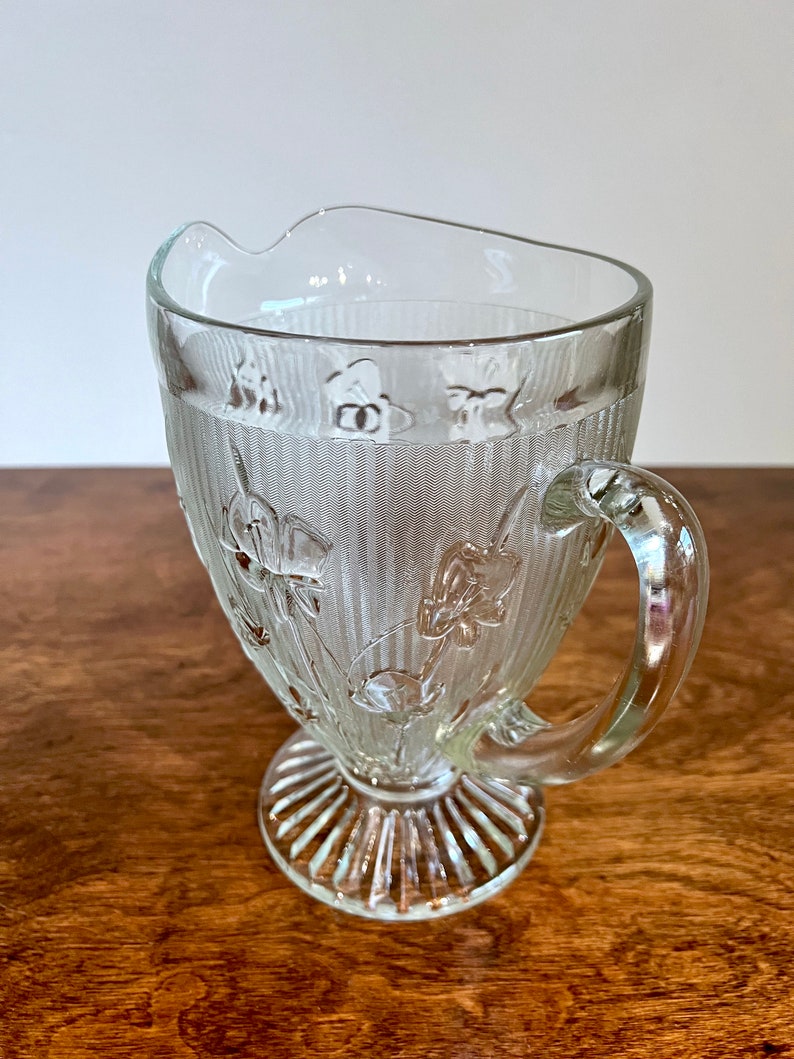 Vintage Jeannette Glass Iris Clear Footed Glass Pitcher Ribbed - Etsy