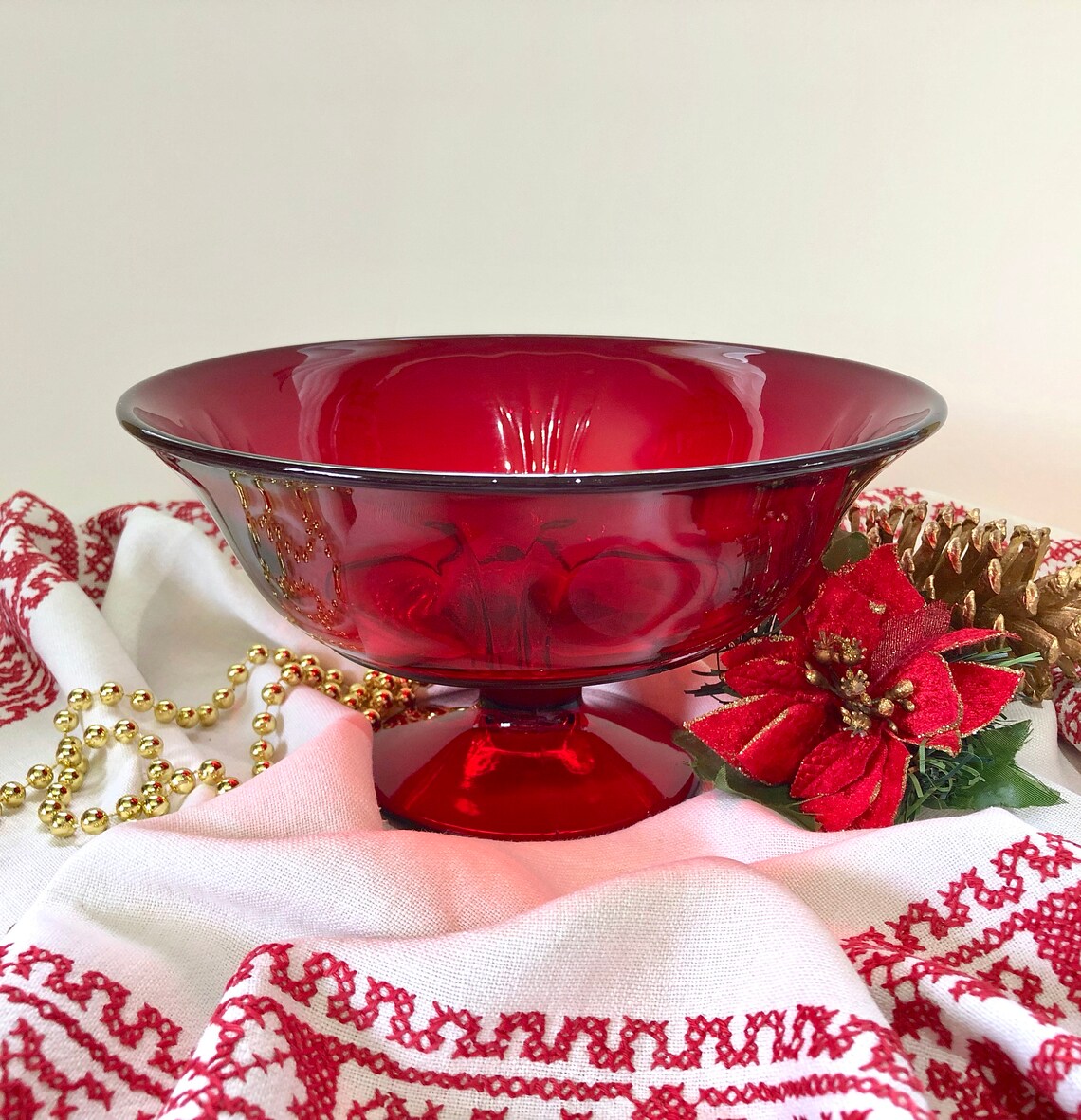 Vintage Ruby Red Pressed Glass Footed Bowl/compote Mid-century - Etsy