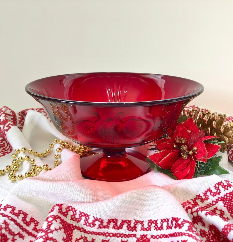 Vintage Ruby Red Pressed Glass Footed Bowlcompote Mid Century Etsy