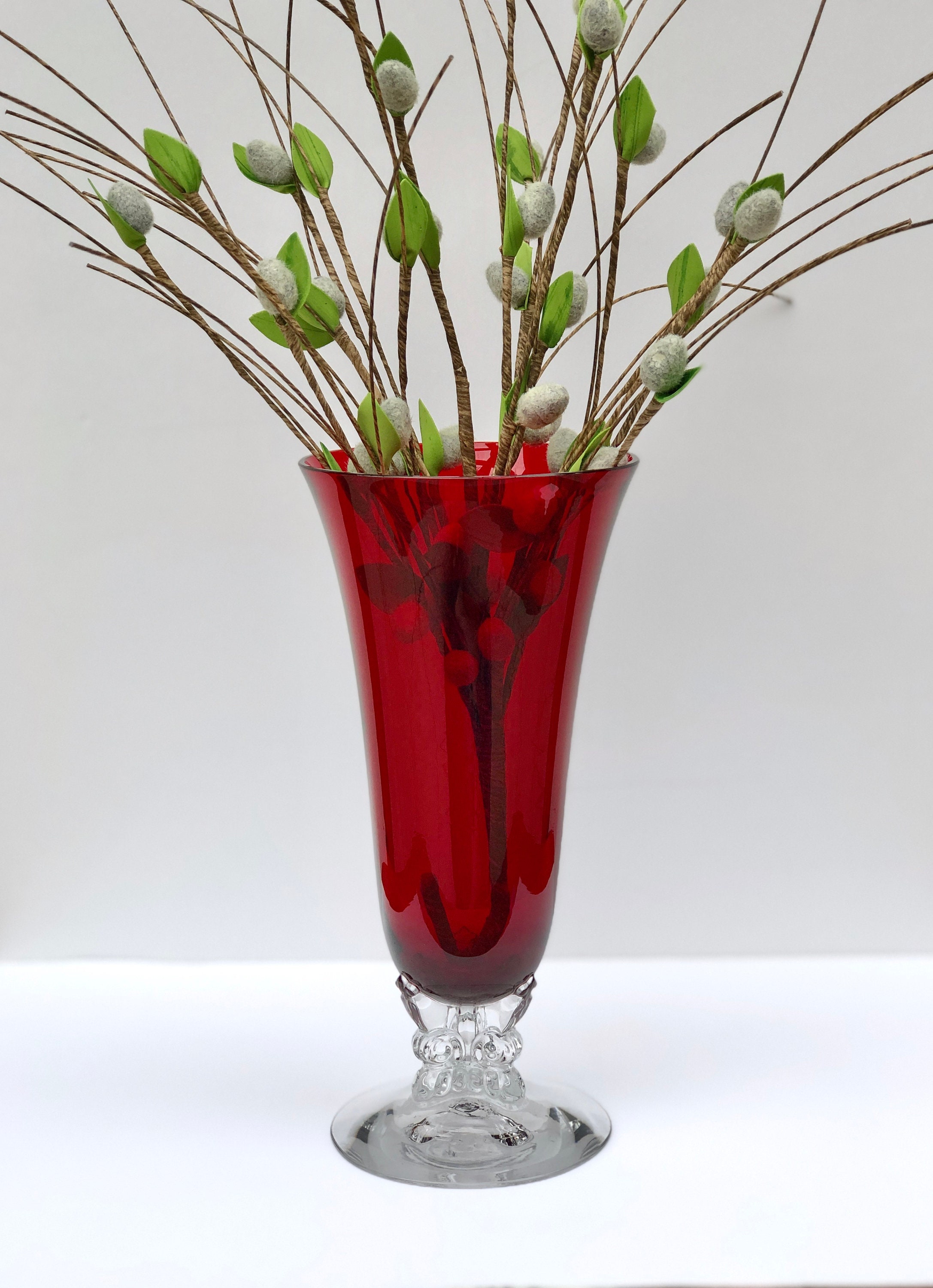 Vintage Red Flared Footed Vase Clear Ornate Base 60s Red Home - Etsy