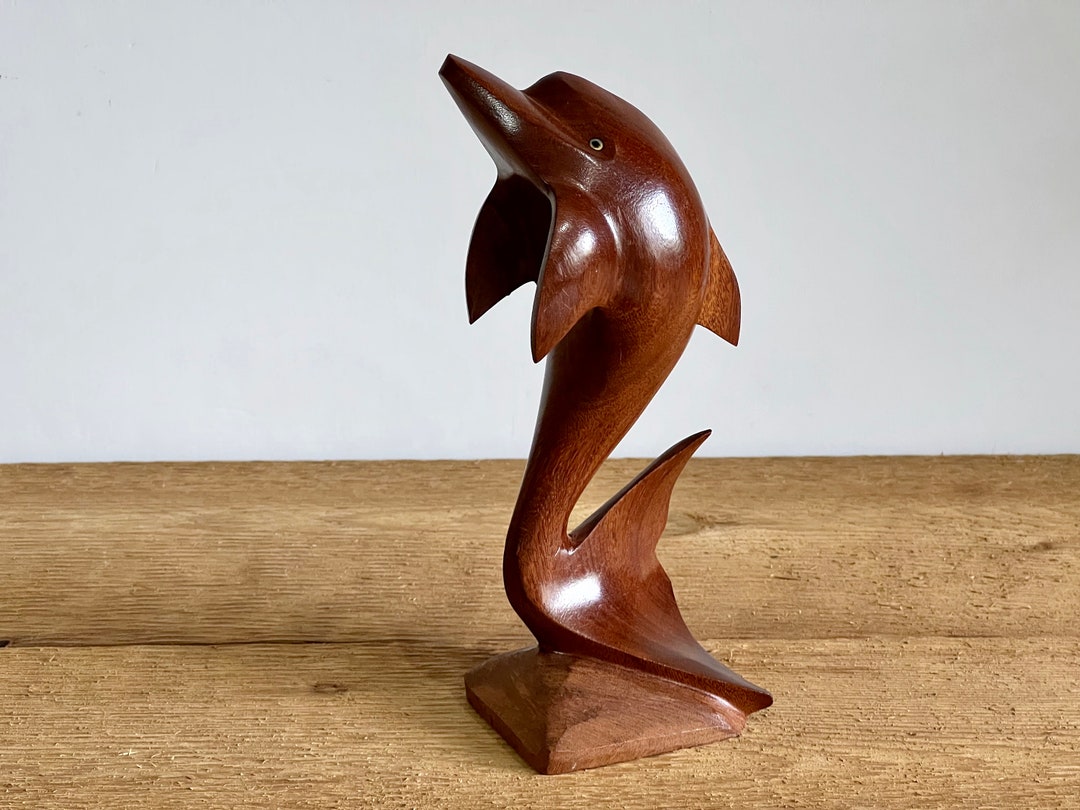 Teak Dolphin Figurine/statue Hand Carved Wood Figurine Nautical/beach ...