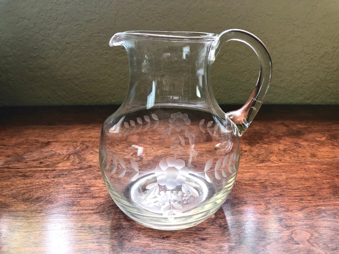 Vintage Floral Etched Glass Pitcher, Juice Pitcher, Wine Jug Sangria ...