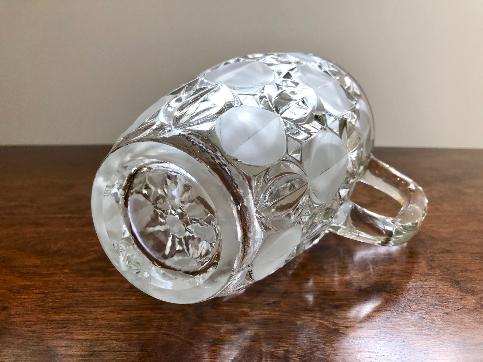 Vintage Large Glass Pitcher With Clear and Frosted Oval Design Heavy ...