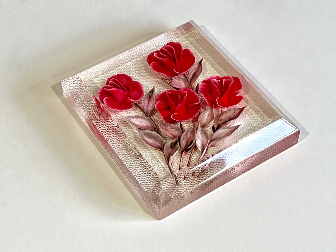 Roses With Leaves Encased in Lucite Valentines' Gift Vintage Square ...
