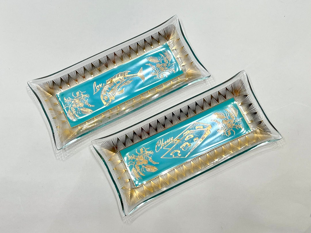 Vintage Mid Century Modern Teal and Gold Rectangular Cheese & Lox Glass ...