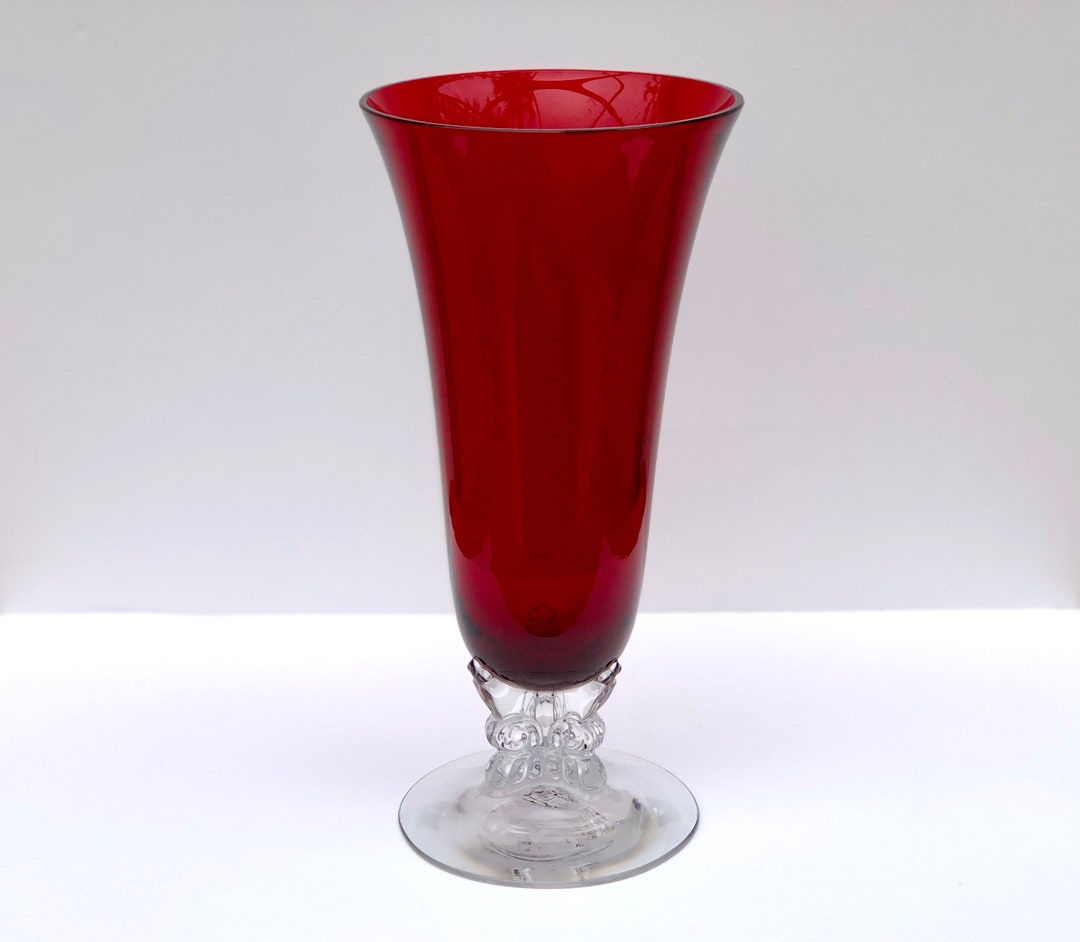 Vintage Red Flared Footed Vase Clear Ornate Base 60s Red Home Decor ...