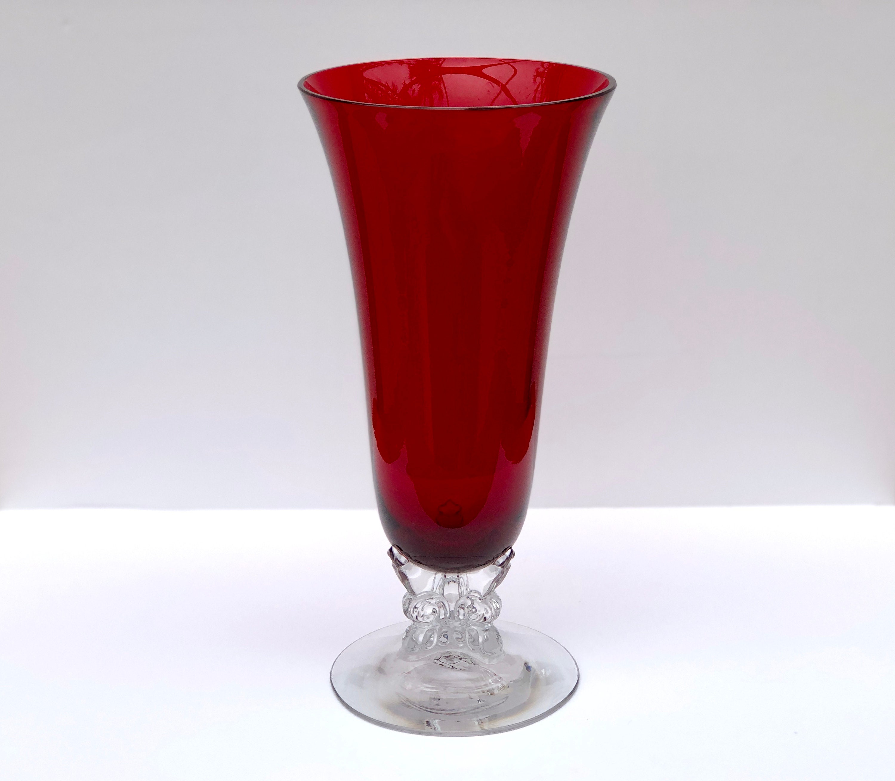 Vintage Red Flared Footed Vase Clear Ornate Base 60s Red Home | Etsy