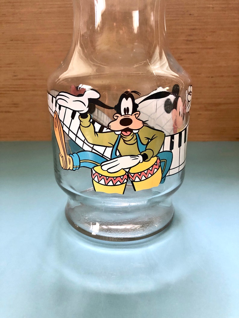 Vintage Disney Glass Juice Carafe, Mickey, Minnie, Goofy Music Design ...