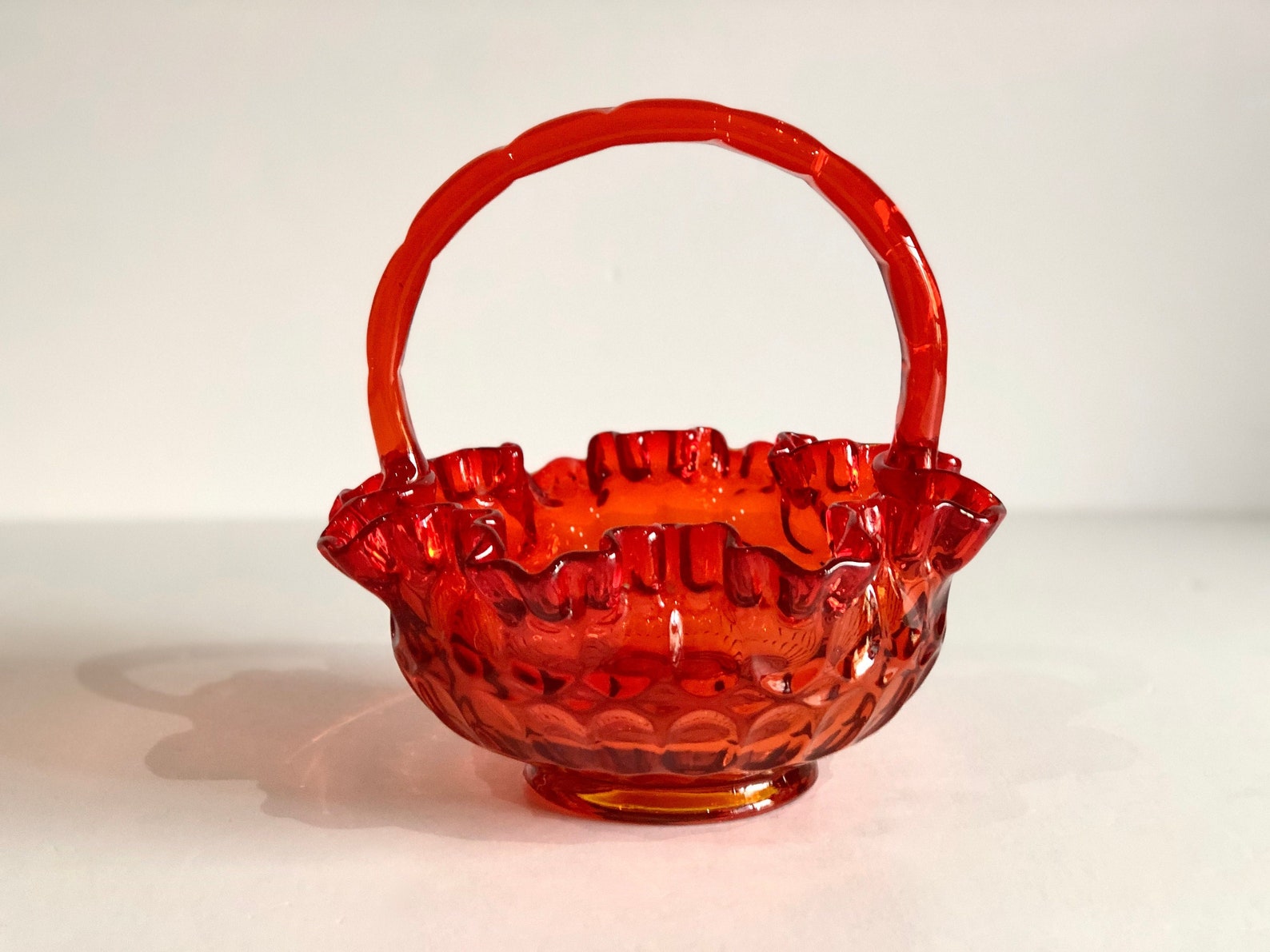 Vintage Fenton Amberina Thumbprint Basket W Ruffled Edge Persimmon Red ...