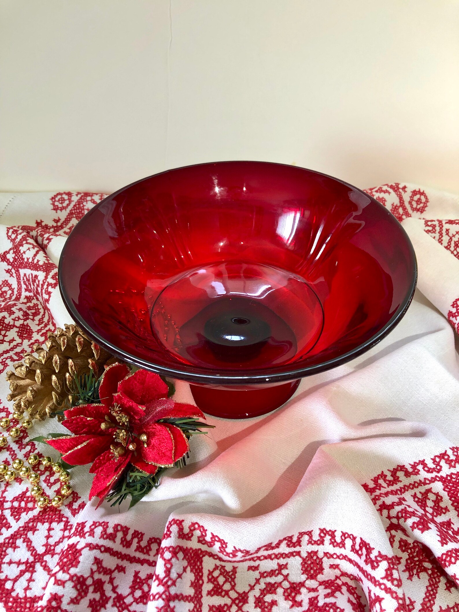 Vintage Ruby Red Pressed Glass Footed Bowl/compote Mid-century - Etsy