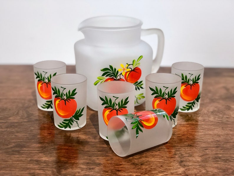 Vintage Hand Painted Frosted Glass Pitcher and Glass Set Juice | Etsy