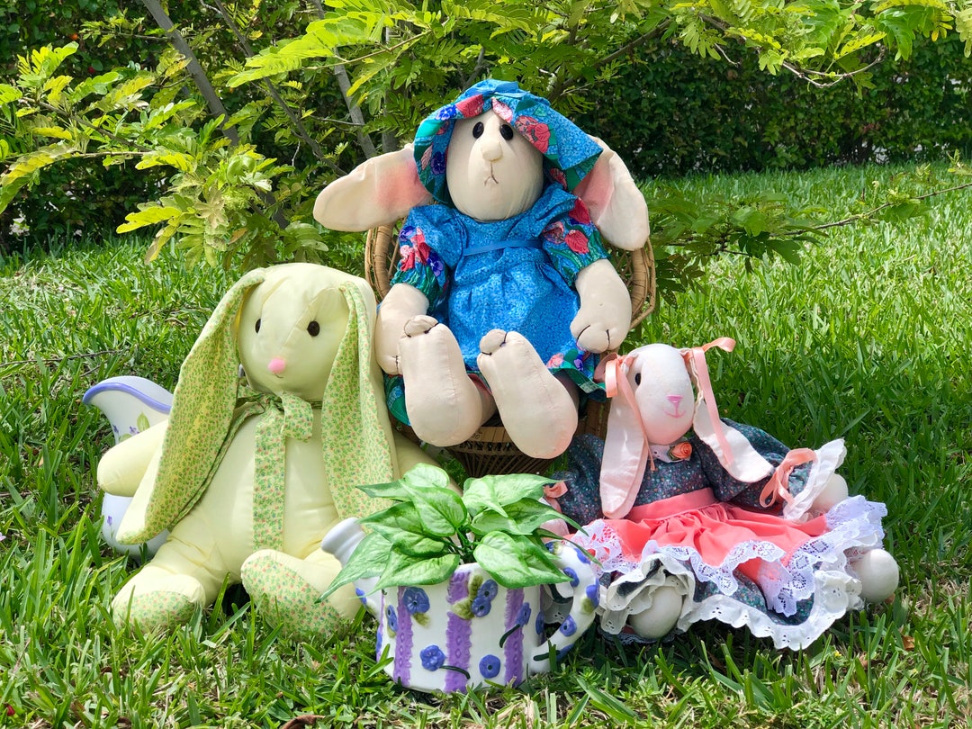 Vintage Hand Made Cloth Stuffed Bunnies/long Eared Rabbits Floral ...