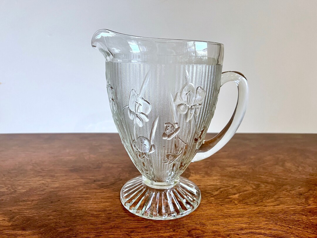 Vintage Jeannette Glass Iris Clear Footed Glass Pitcher Ribbed ...