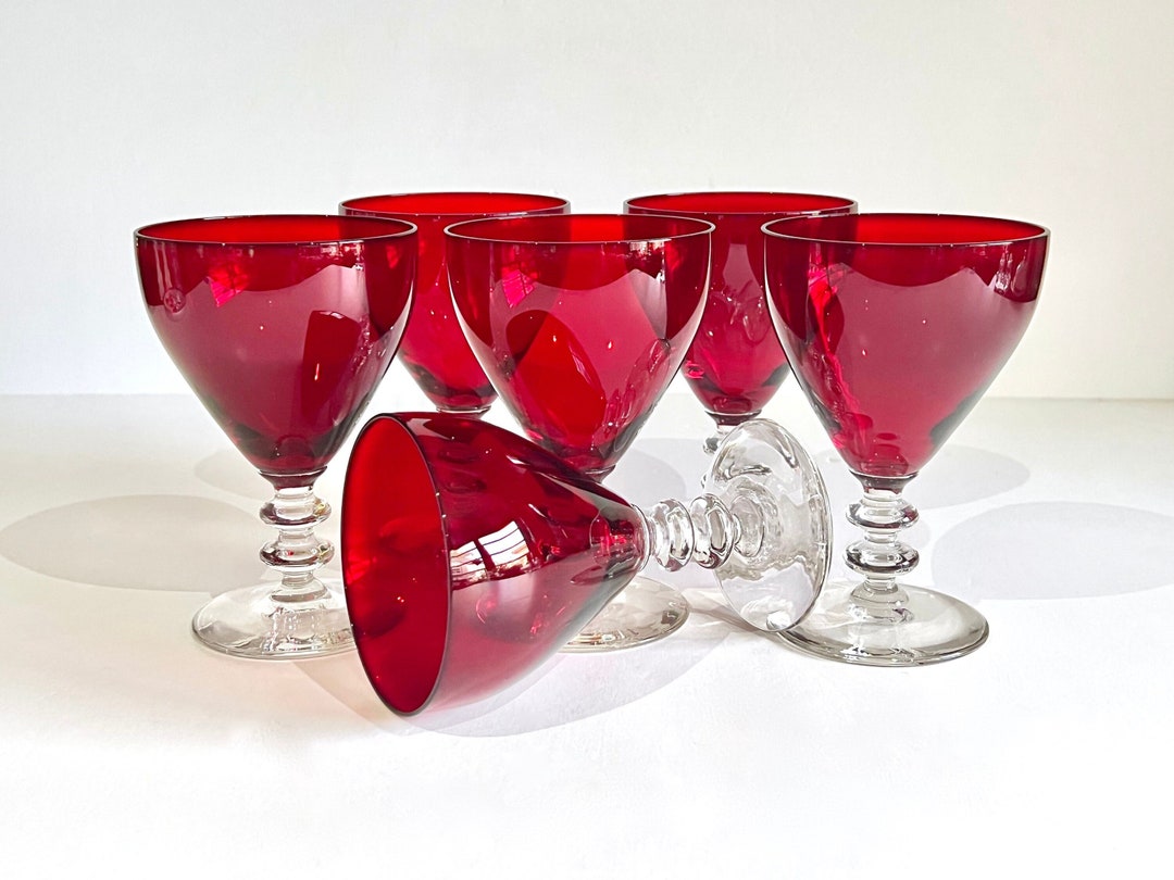 Vintage Springtime Ruby by Bryce Set of Six Water Globlets/wine Glasses Red Bowl/clear Stem ...