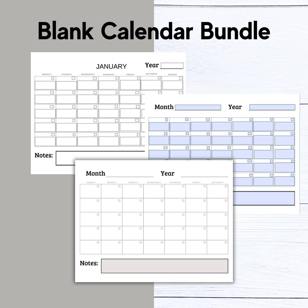 Blank Calendar Bundle | Blank Calendar Printable Fillable | Monthly ...