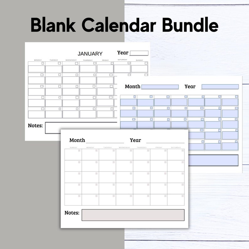 Blank Calendar Bundle | Blank Calendar Printable Fillable | Monthly ...