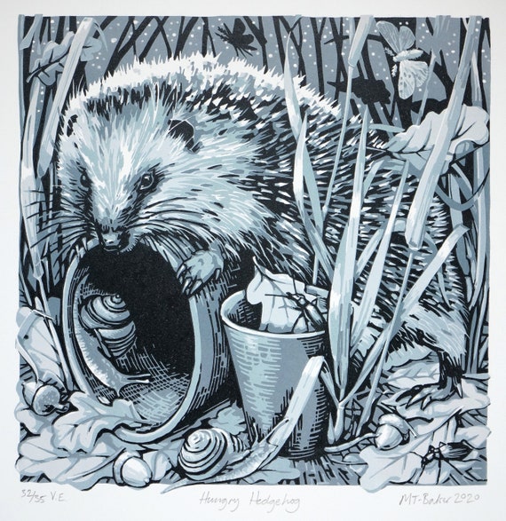 Hungry Hedgehog 32/35 Handmade Reduction Linocut Print | Etsy