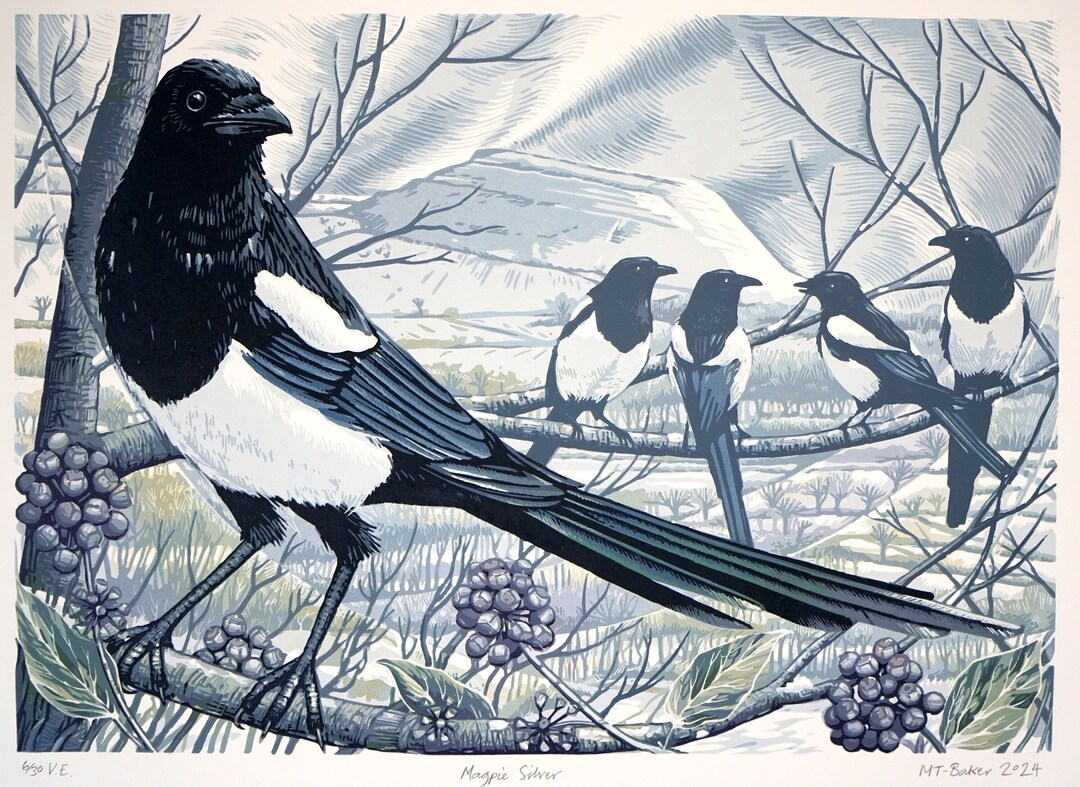 Magpie Silver 6/30, Limited Edition, Handmade, Reduction Linocut Print ...