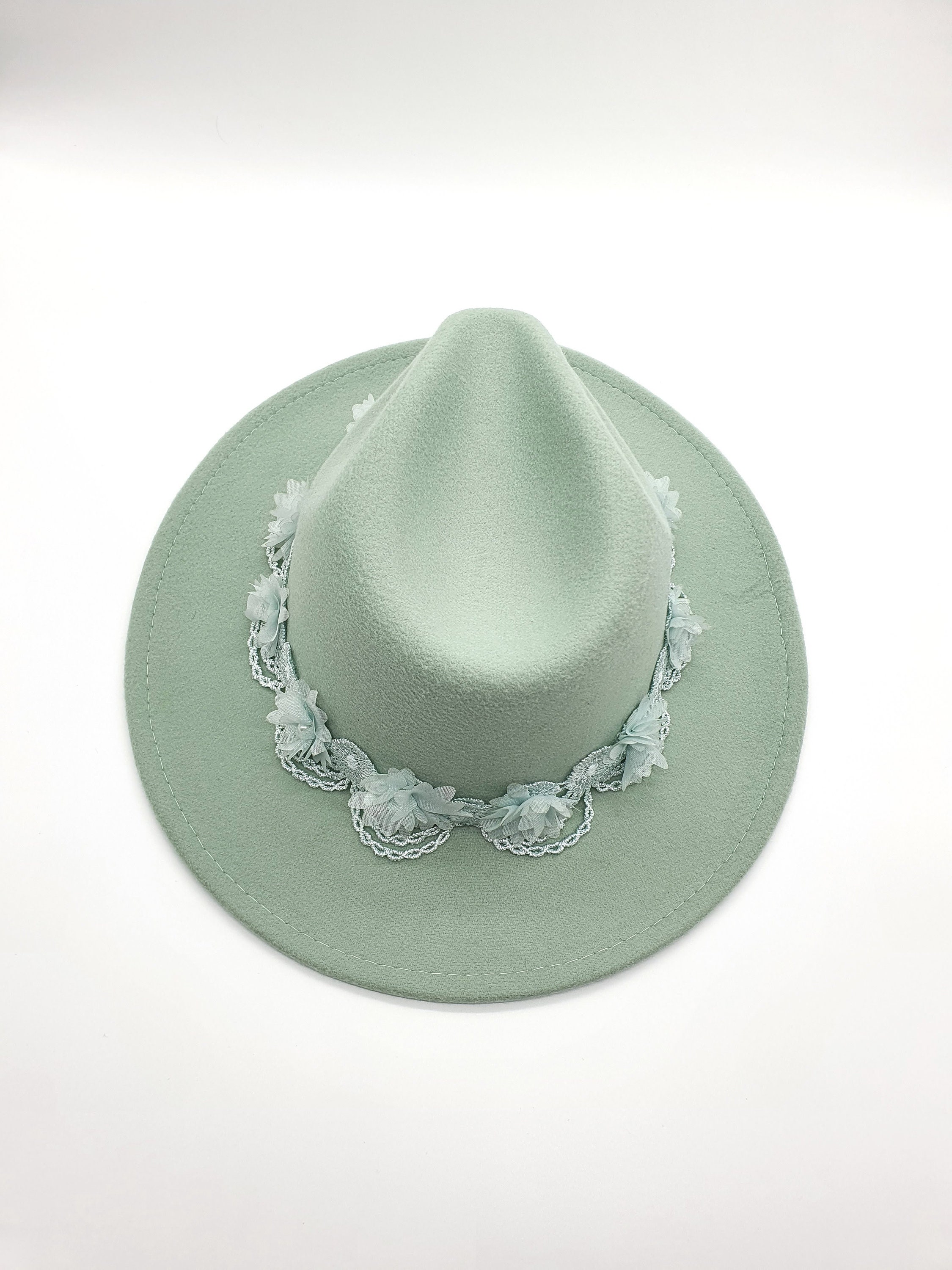Light Green Fedora Hat for Woman, Flower Hat for Woman, Wide Brim Wool ...