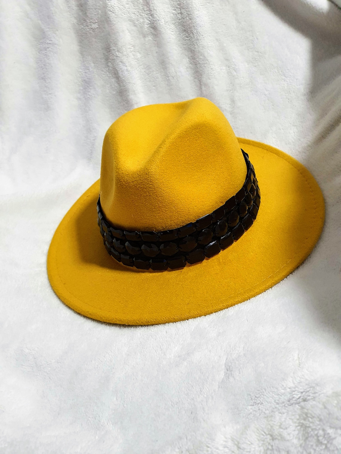 Golden Yellow Fedora Hat for Woman, Wool Hat for Woman, Wide Brim ...