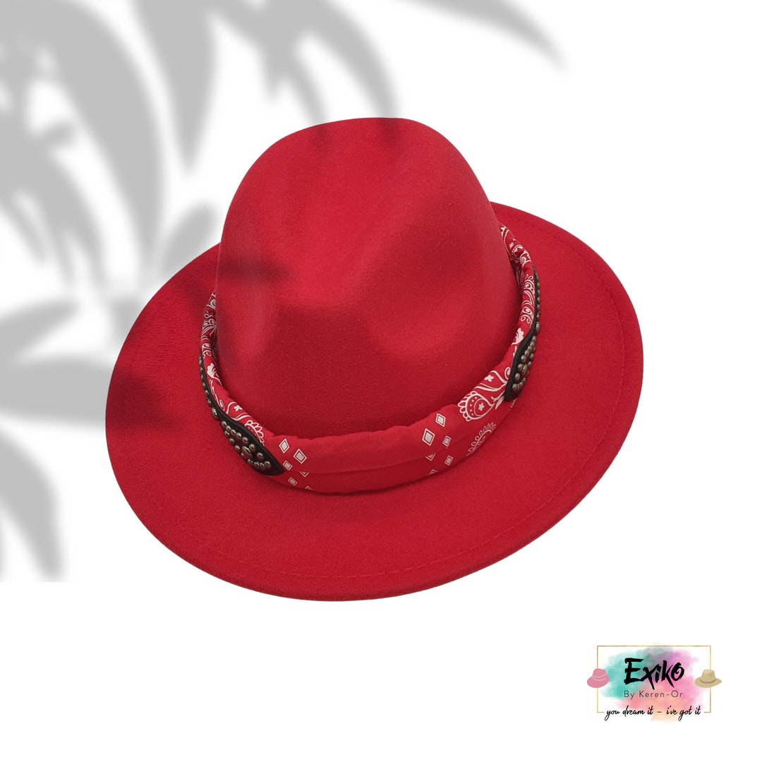 Red Fedora Hat for Men, Boho Red Wool Hat, Bandana Fedora Hat Men, Men ...