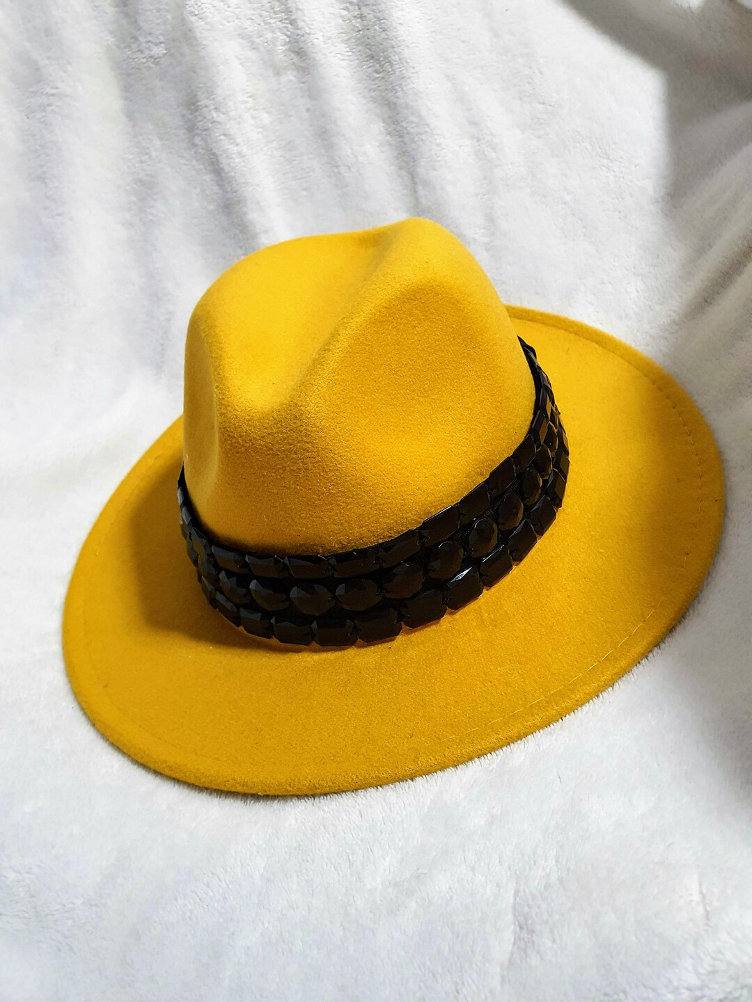 Golden Yellow Fedora Hat for Woman, Wool Hat for Woman, Wide Brim ...