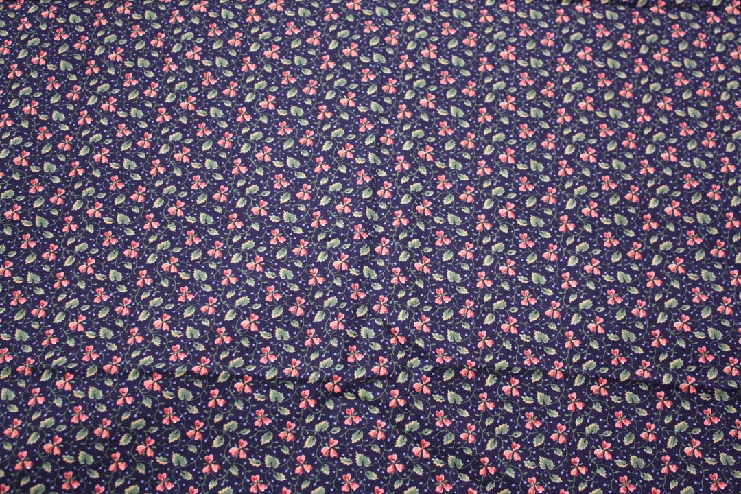 1 Yard of Vintage Calico Fabric Pink Floral on Navy Blue Background VIP ...