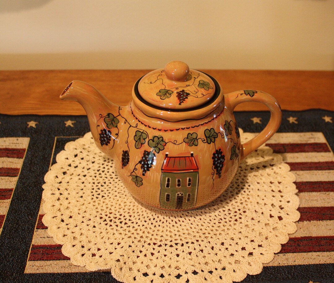 Vintage Lang Redware Teapot Wine Country Designed by Susan Winget ...