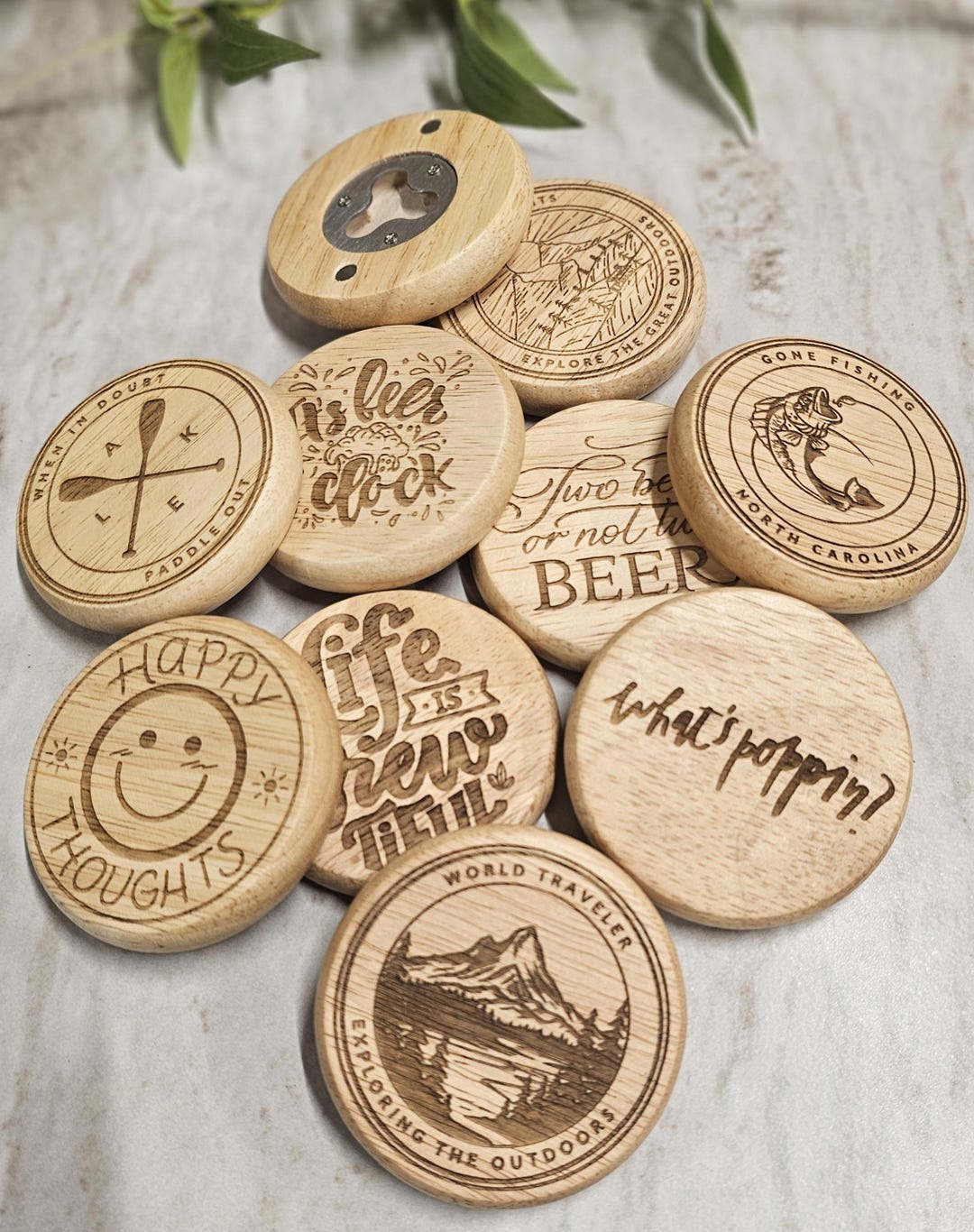 Engraved Wood Beer Bottle Cap Opener & Fridge Magnet | Custom Circle ...