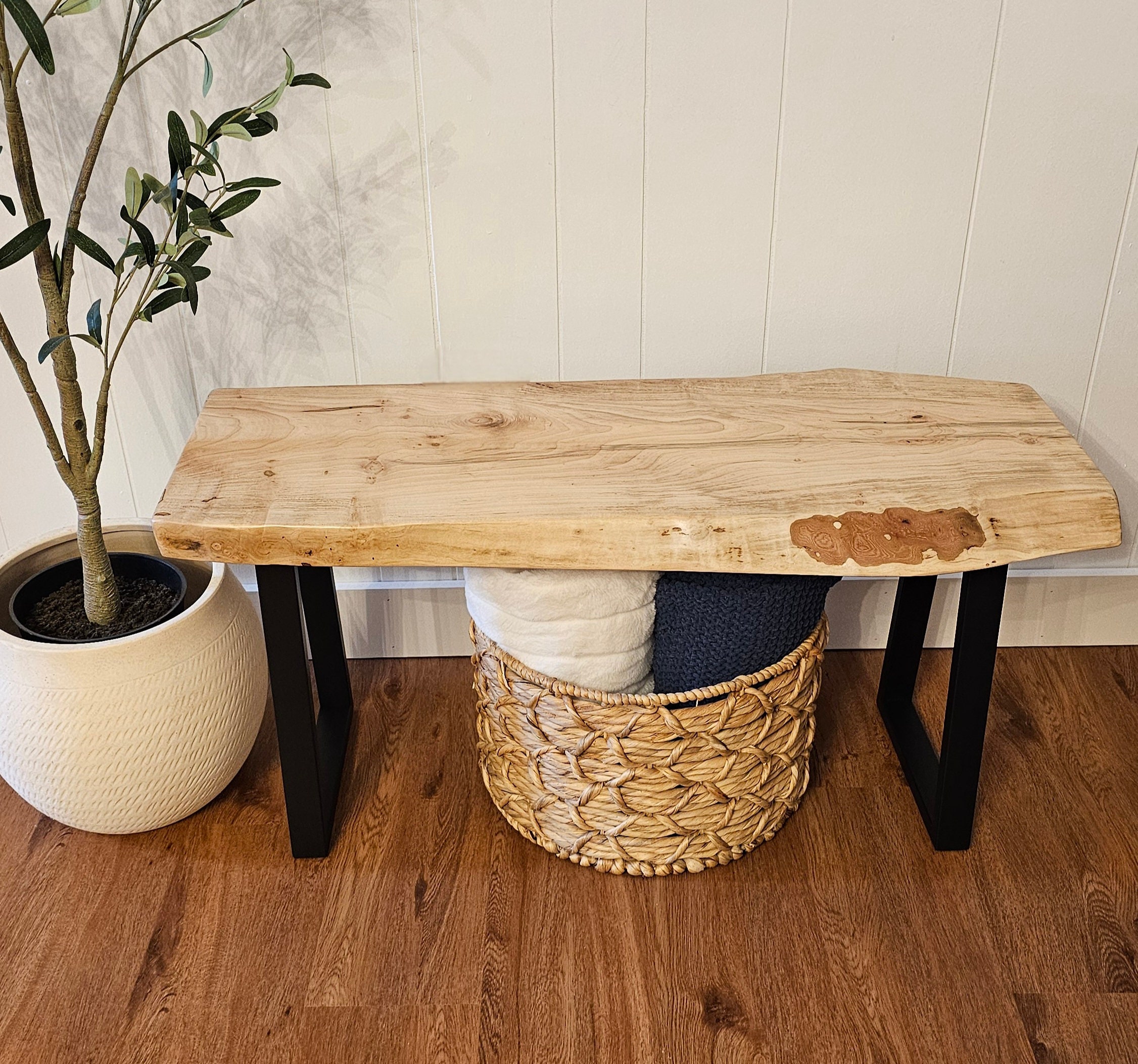 Live Edge Ambrosia Maple Wood Bench With Trapezoid Legs Mudroom Bench ...