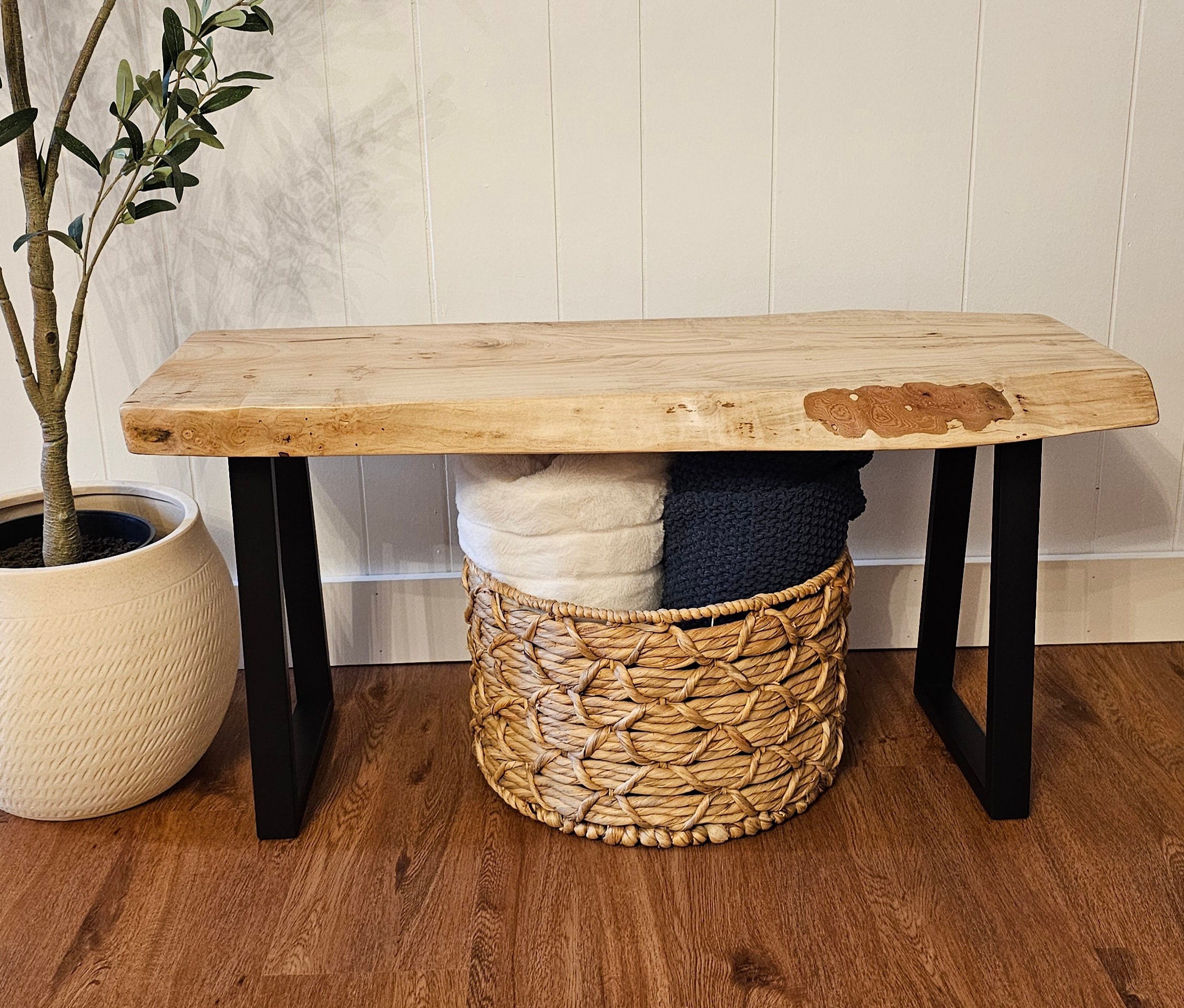 Live Edge Ambrosia Maple Wood Bench With Trapezoid Legs Mudroom Bench ...
