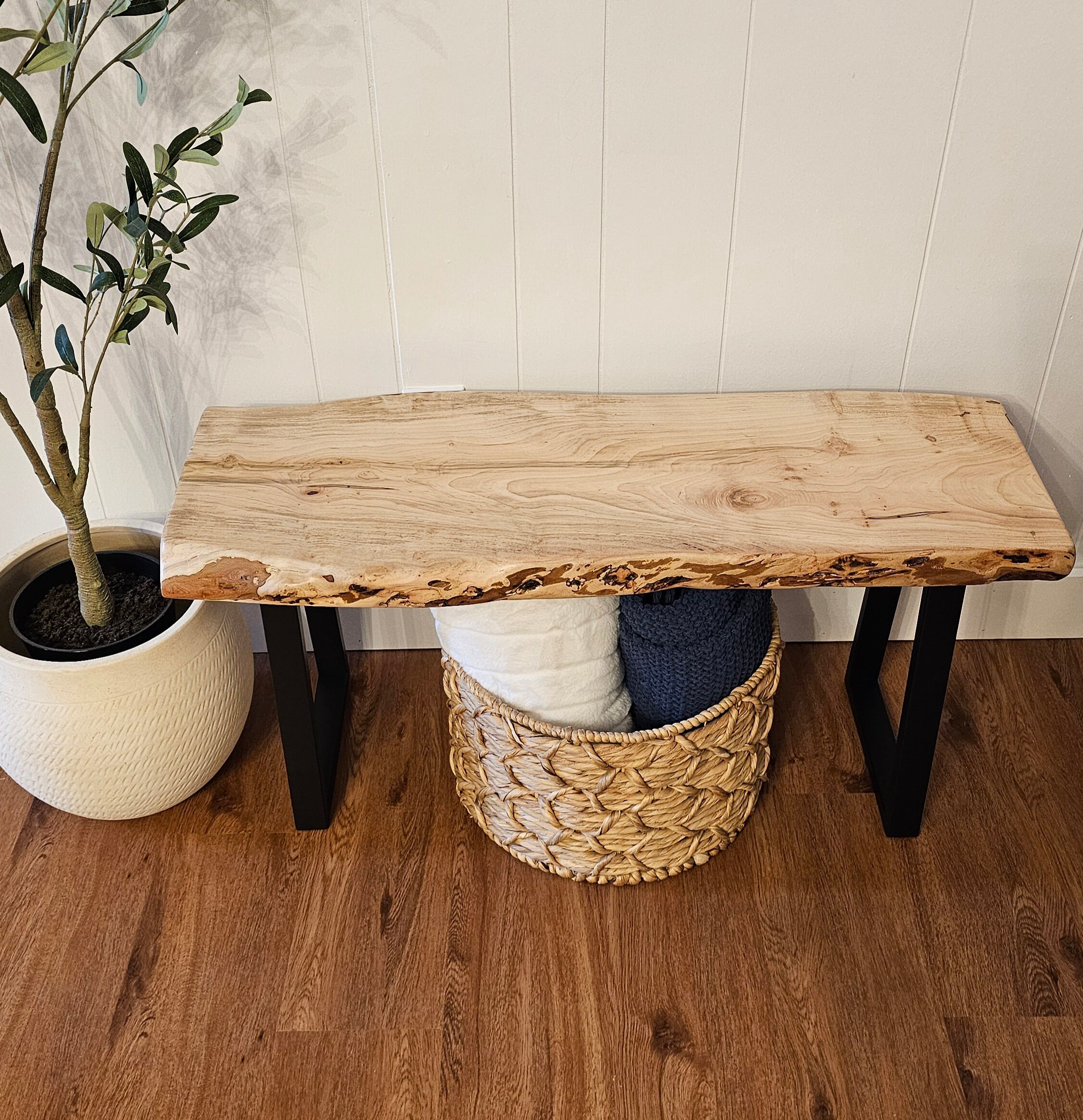 Live Edge Ambrosia Maple Wood Bench With Trapezoid Legs Mudroom Bench ...