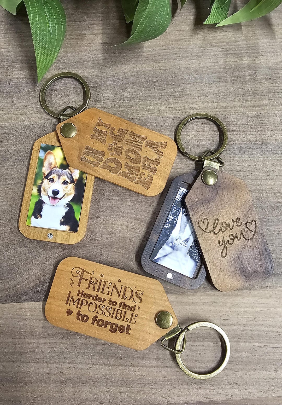 Cherry & Walnut Wood Keychain Picture Holder | Personalized Key Ring ...