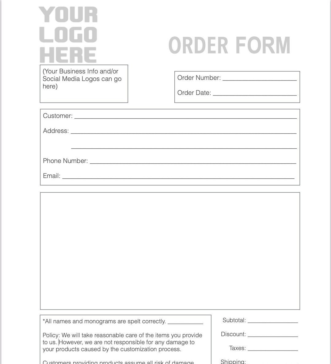 Custom Design & Personalized Order Form - Boutique / Direct Sales - Etsy