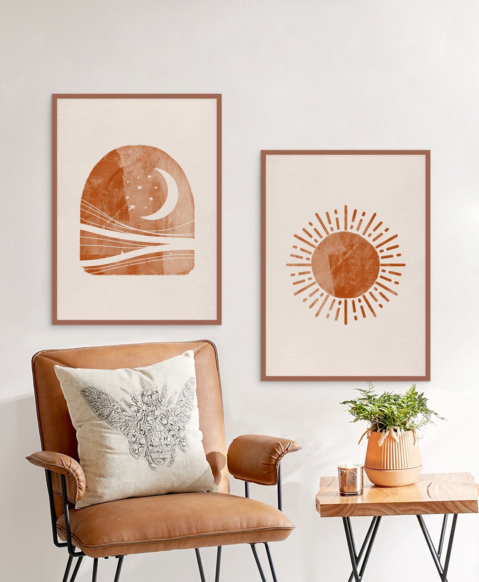 Sun and Moon Print Set of 2, Woodblock Abstract Landscape, Terracotta ...