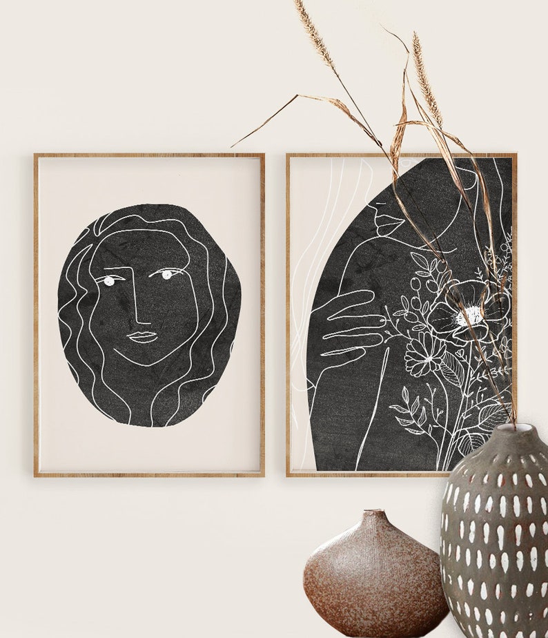 Woman Line Drawing Print Set of 2 Minimal Wall Art Flower | Etsy