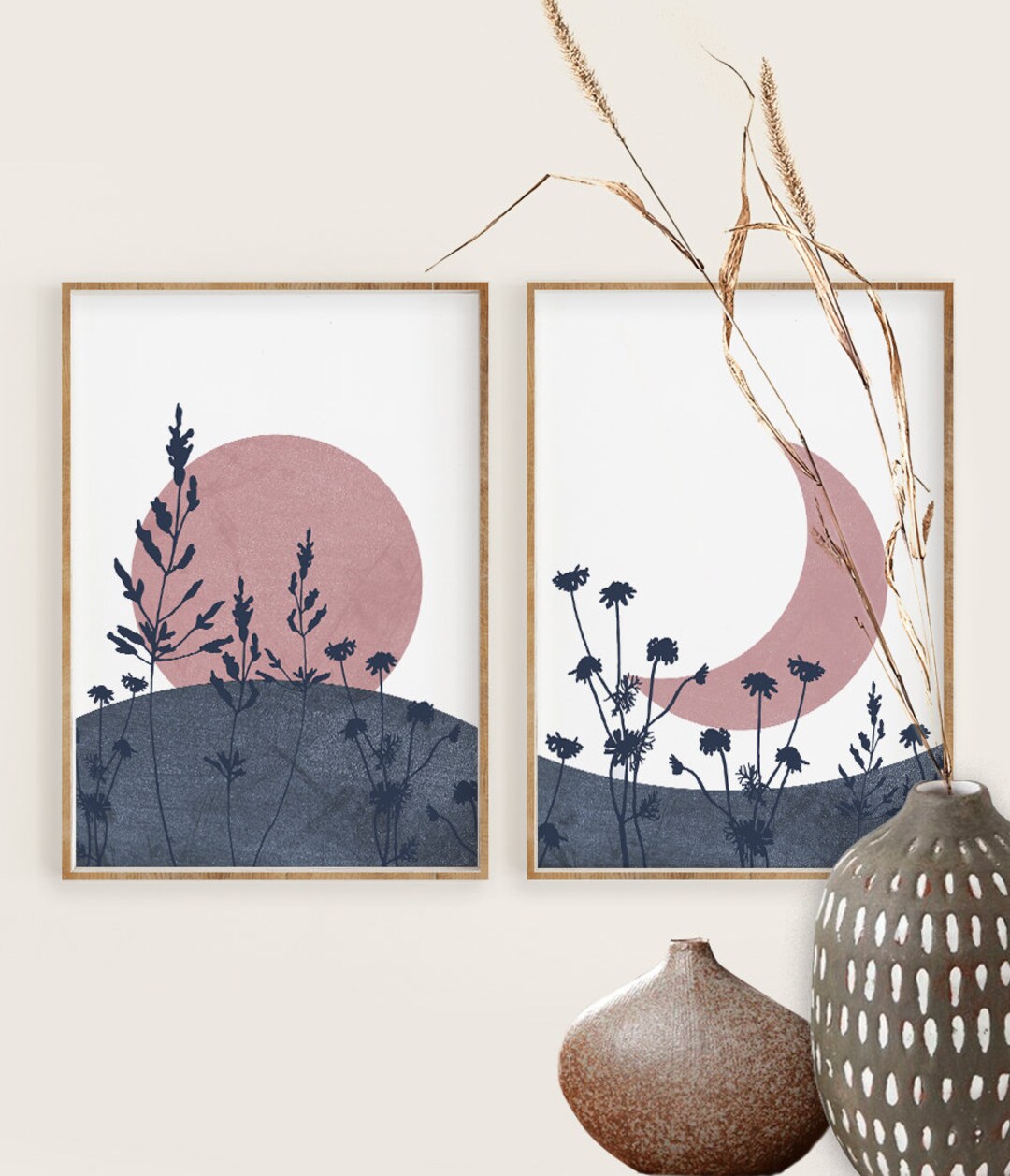 Boho Sun and Moon Print Set of 2, Abstract Landscape, Wild Flowers Moon ...