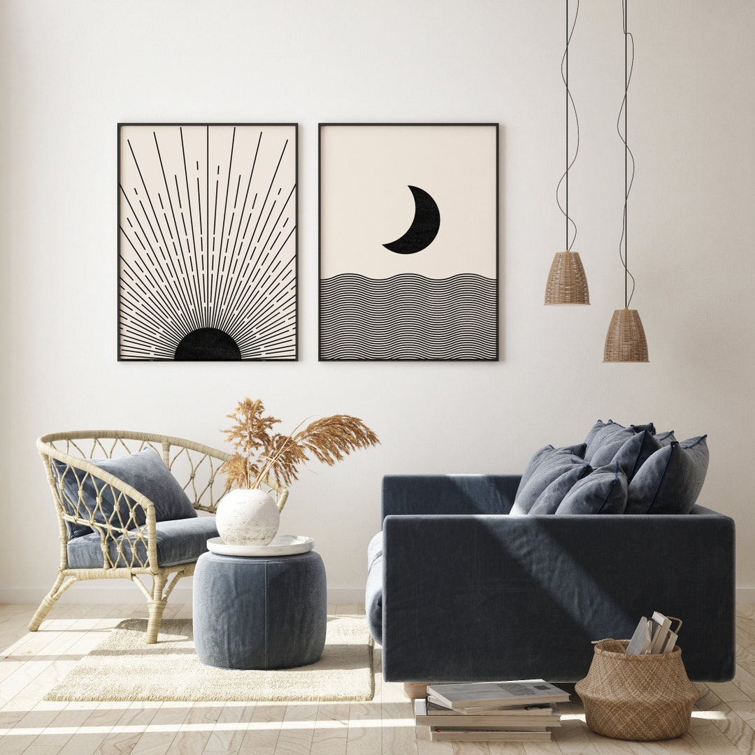 Mid Century Modern Art, Sun and Moon Print Set of 2, Scandinavian Art ...