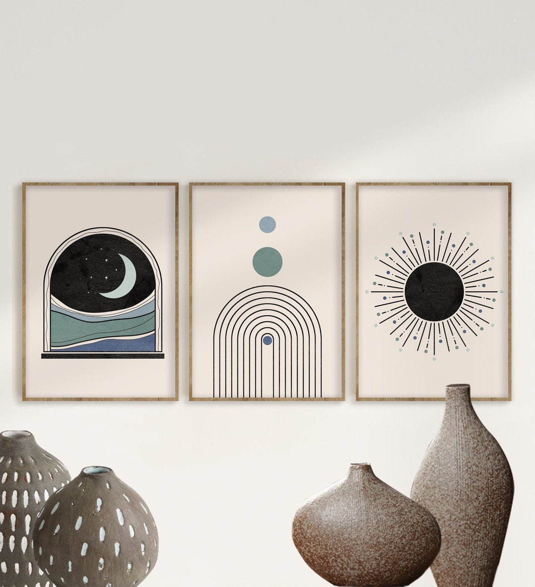 Mid Century Modern Art Print Set of 3, Blue, Teal, Black Geometric Wall ...