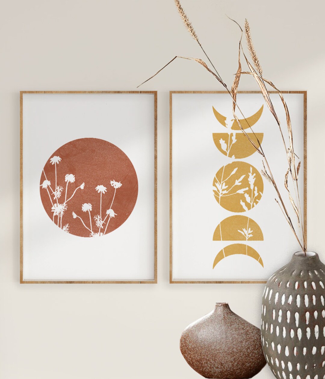Floral Terracotta Sun Yellow Moon Print Set of 2, Abstract Sun, Wild ...