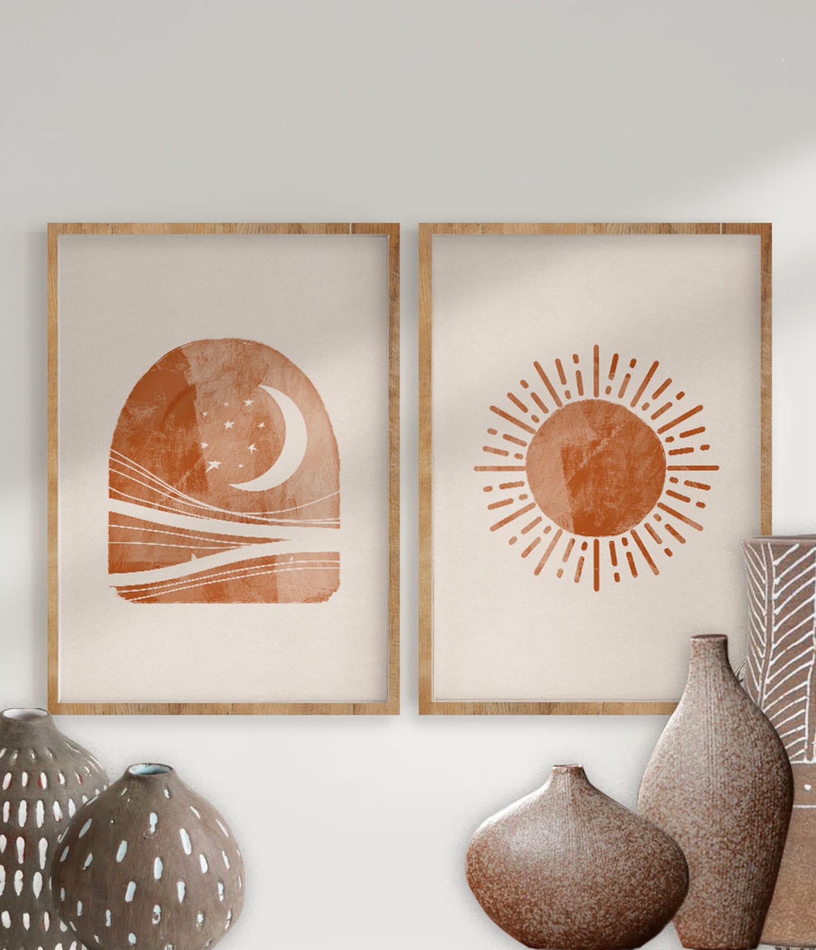Sun and Moon Print Set of 2, Woodblock Abstract Landscape, Terracotta ...