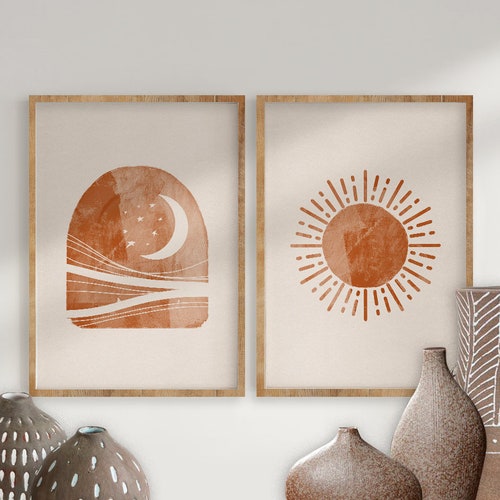 Sun and Moon Wall Art Abstract Landscape Boho Sun and Moon | Etsy