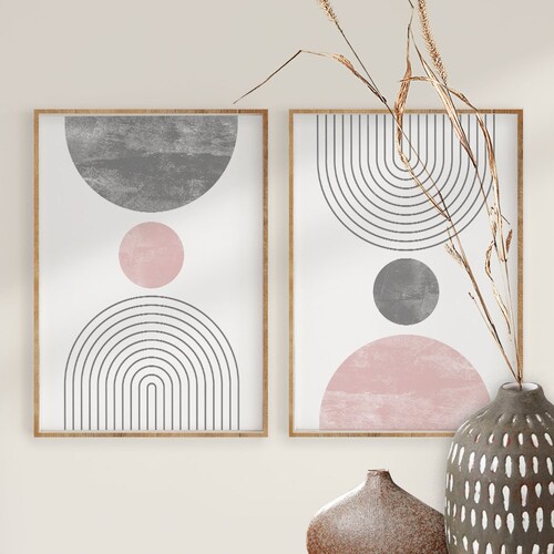 Mid Century Modern Wall Art Print Set of 2 Gray and Pink - Etsy