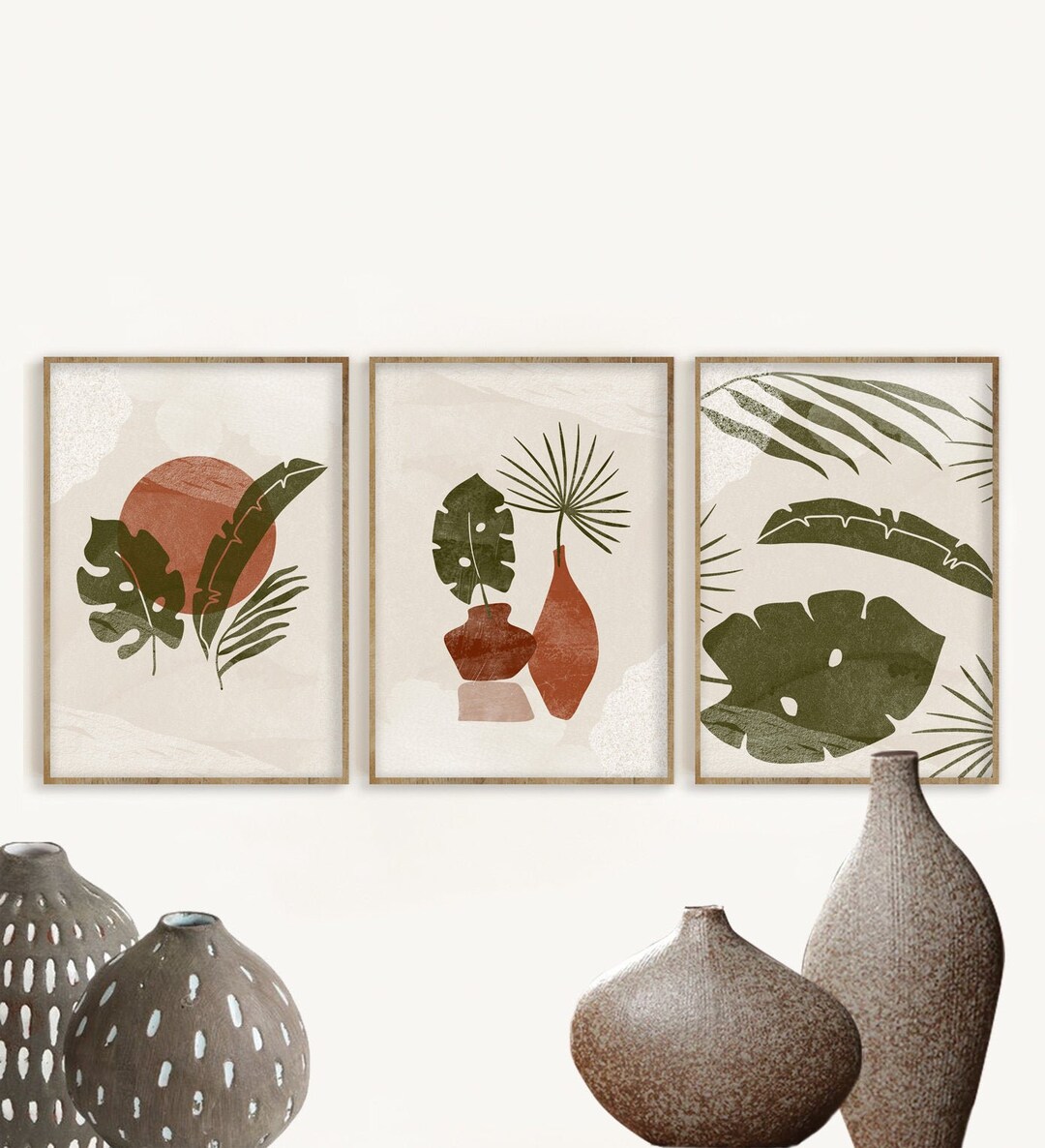 Abstract Botanical Print Set of 3, Boho Botanical Wall Art, Terracotta ...