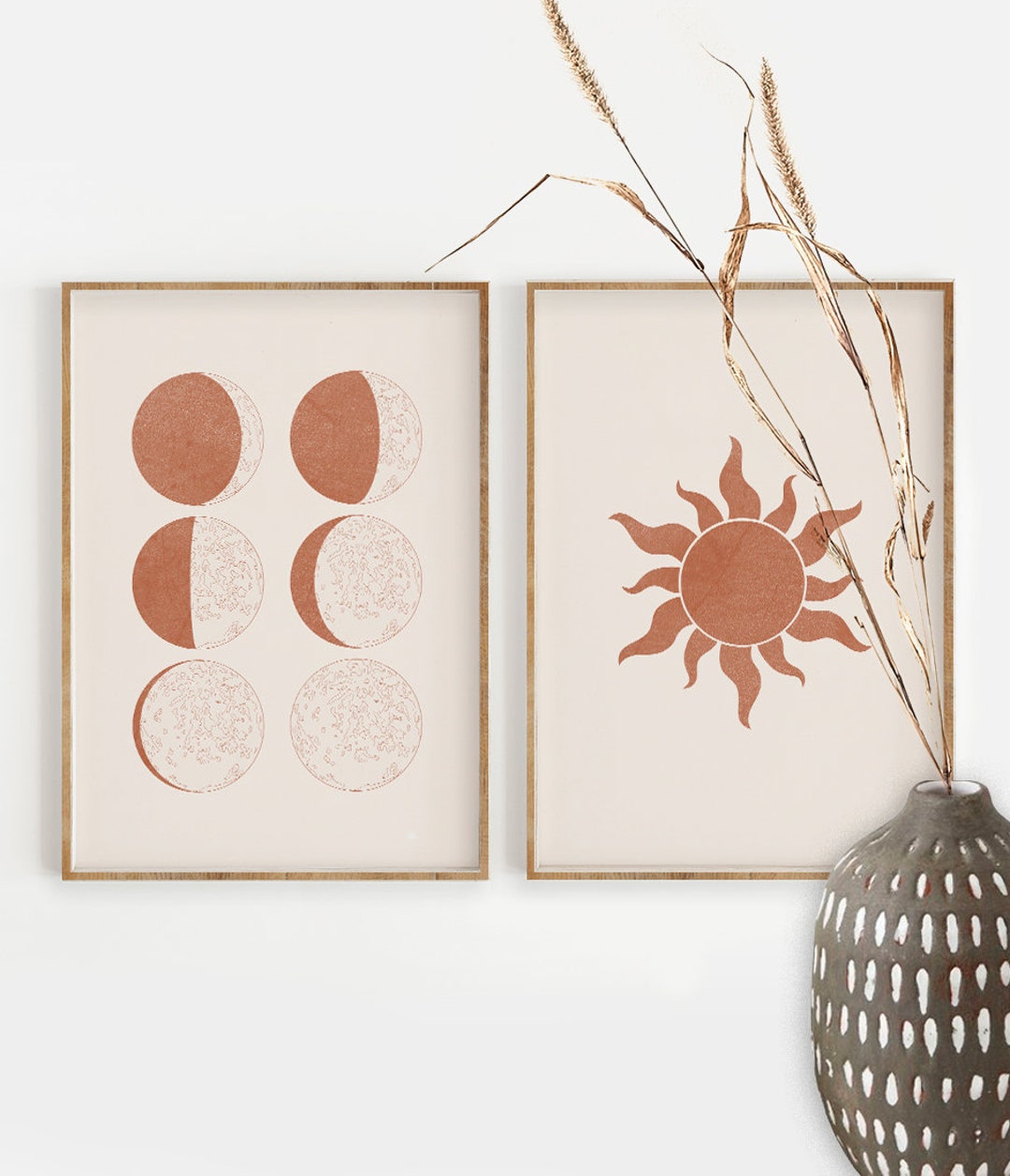 Boho Sun and Moon Phases Print Set of 2 Home Decor Rust - Etsy