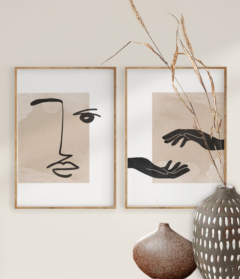 Abstract Print Set of 2, One Line Face Drawing, Reaching Hands Print ...