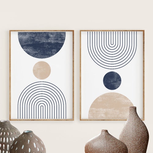 Mid Century Modern Wall Art Print Set of 2 Navy Blue White - Etsy