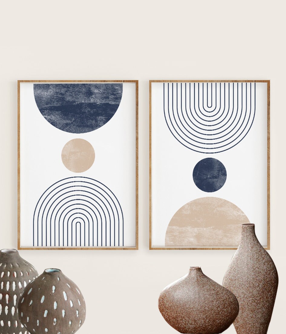 Mid Century Modern Wall Art Print Set of 2 Navy Blue White - Etsy